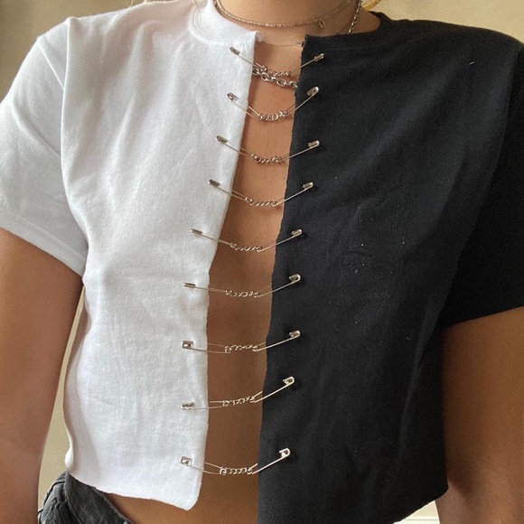 Tops | Handmade Two Toned Black And White Crop Top With Chains And ...